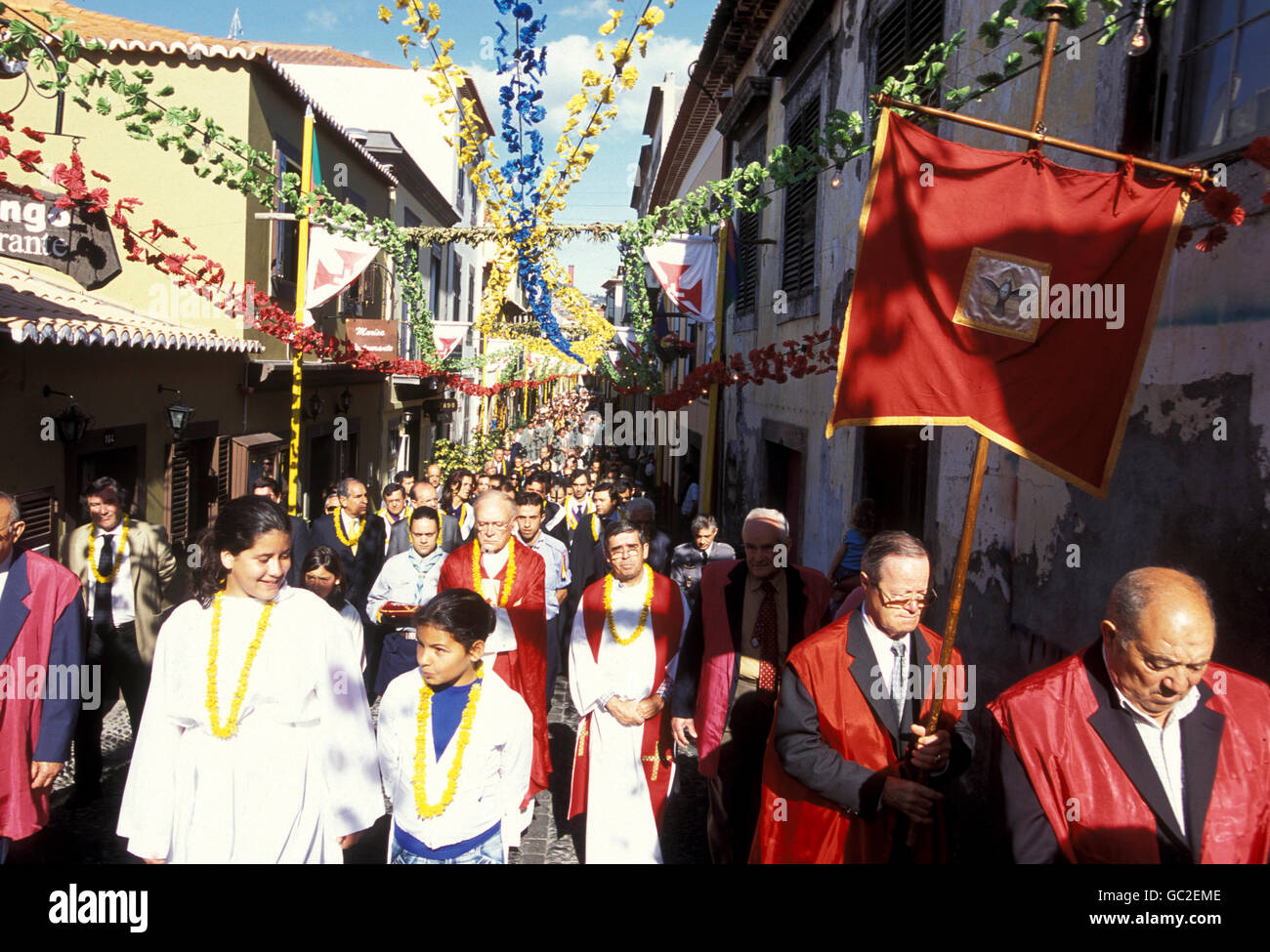 a religion procession in the old town of Funchal on the Island of ...