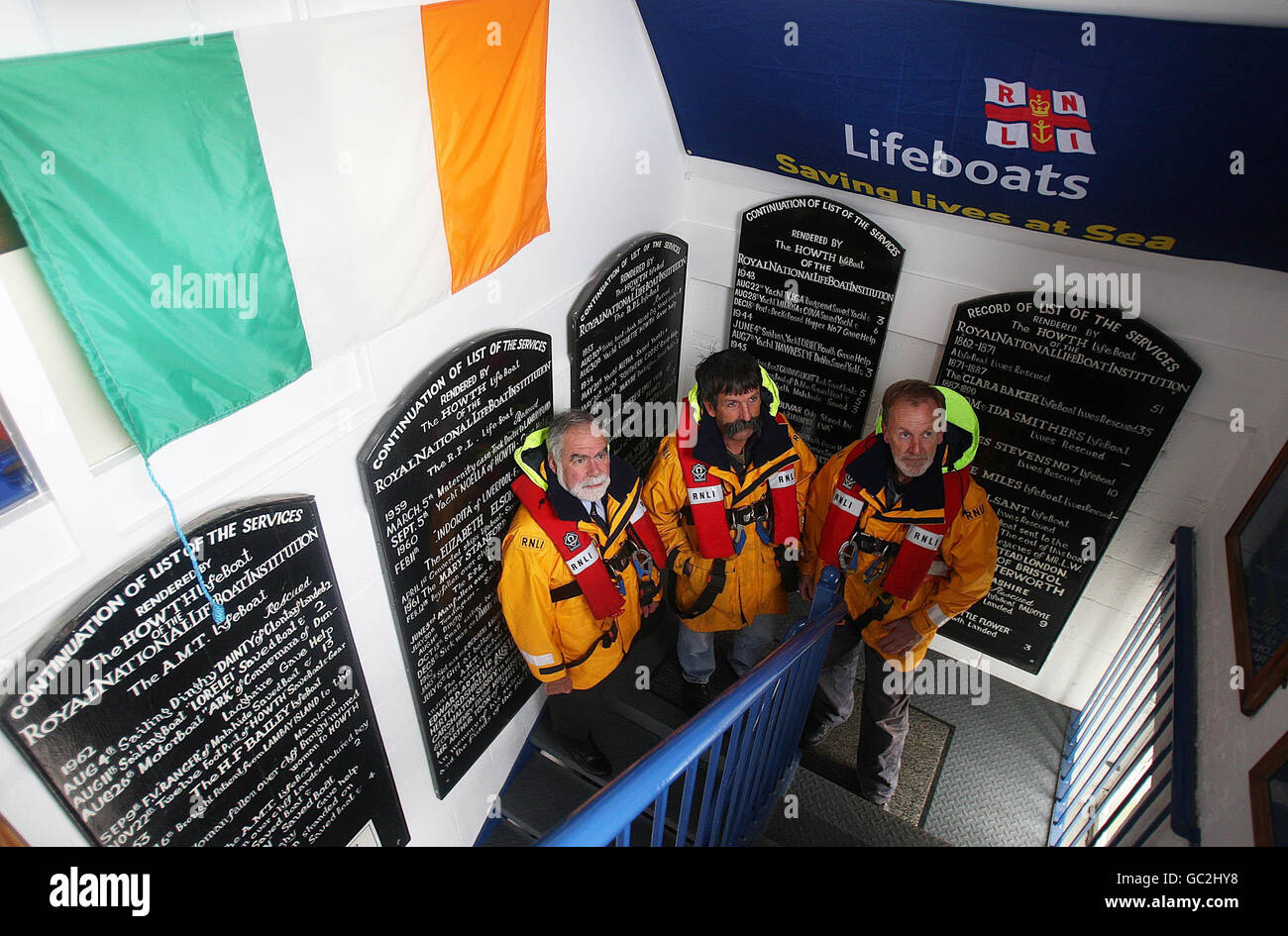 Crew members of the Howth RNLI Lifeboat (left to right) Rupert Jeffares ...