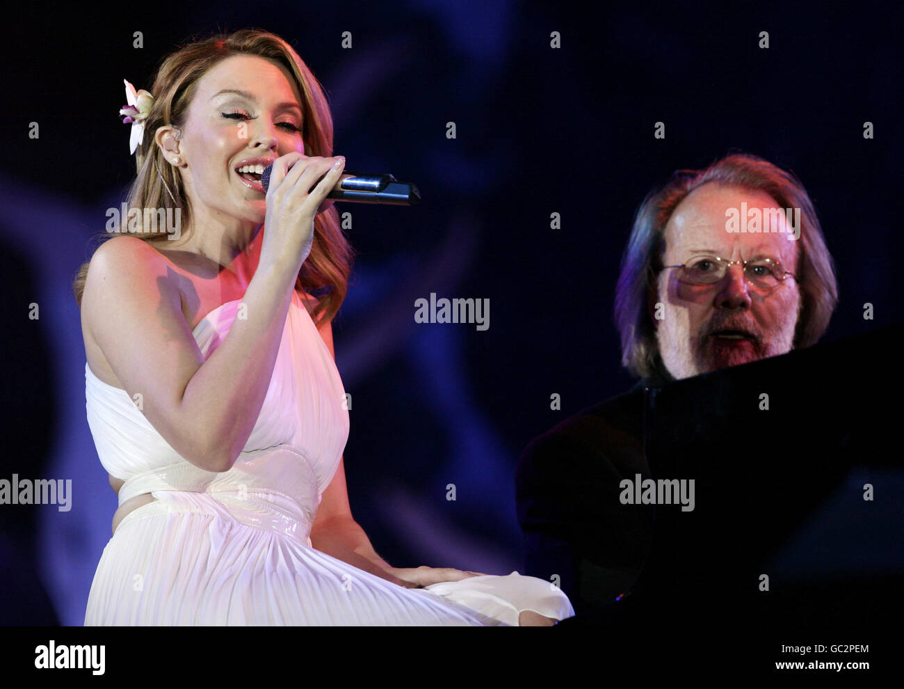 Kylie Minogue and Benny Andersson on stage during BBC Radio 2's 'Thank ...