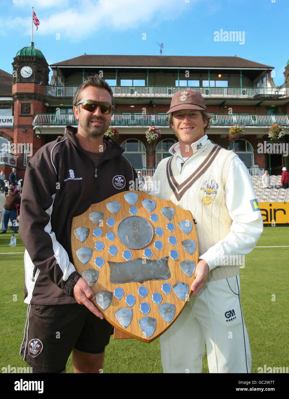 Ian Salisbury of Surrey and Jonathan Batty celebrate winning the ...