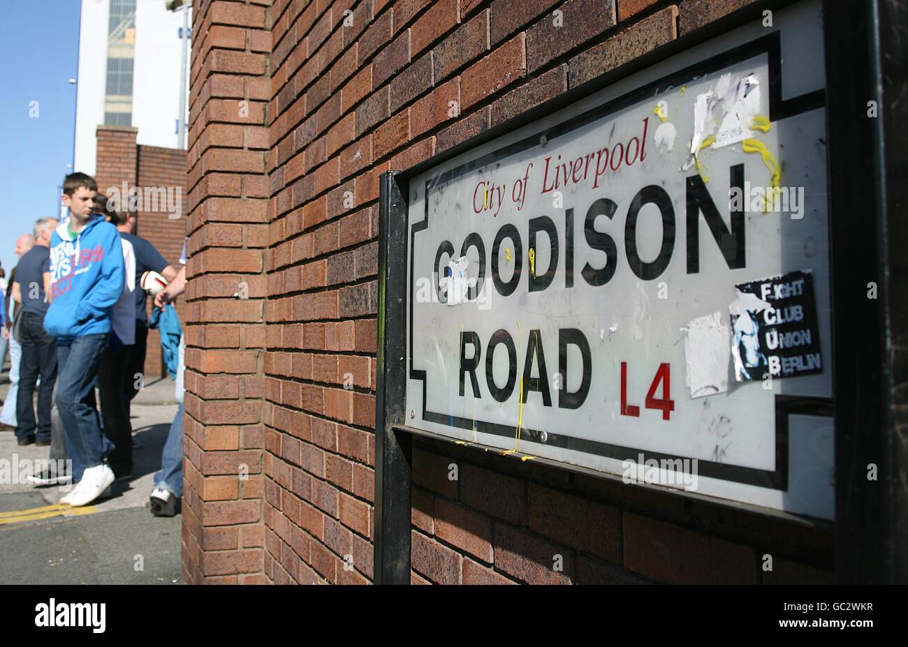 General view of signage for goodison road outside goodison park hi-res ...