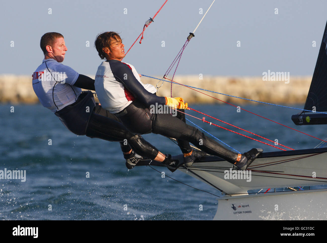 The British men's 49er pair of Simon Marks (left) and Tom Partington in ...