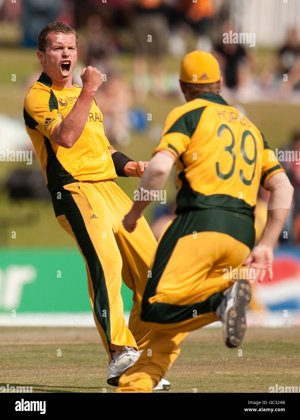Australia's Peter Siddle celebrates with James Hopes after dismissing ...
