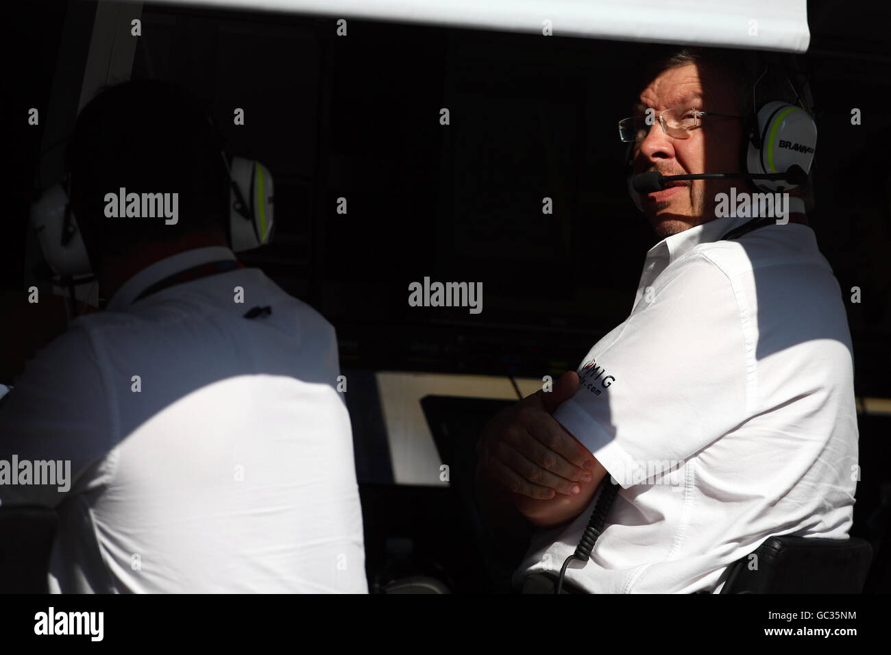 Brawn GP Team Principal Ross Brawn (right) during first practice at the ...