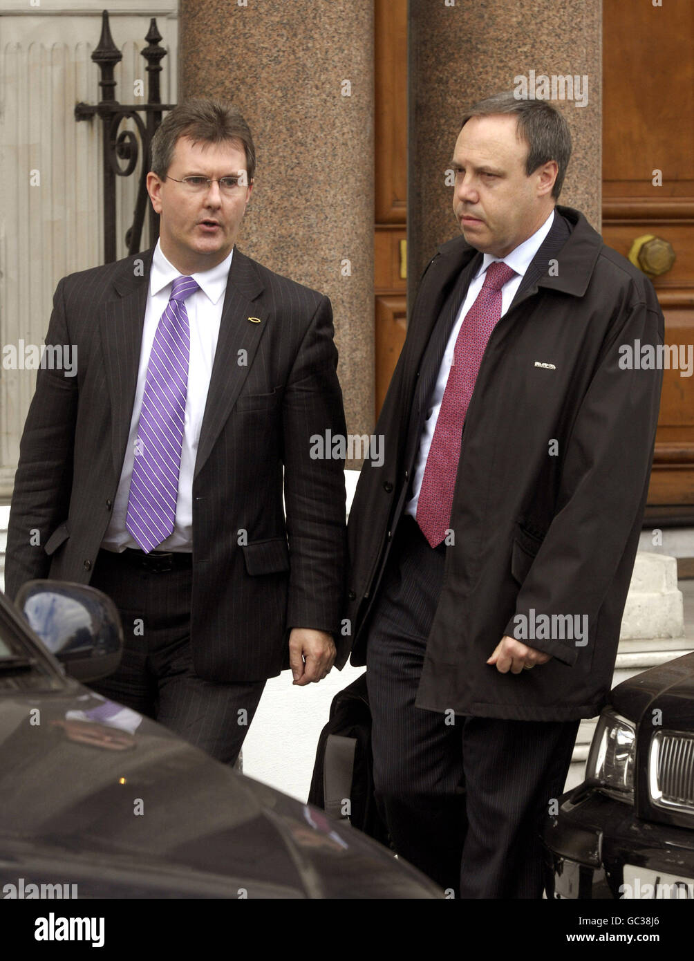 Jeffrey Donaldson MP (left) and Nigel Dodds MP leave the Libyan Embassy ...