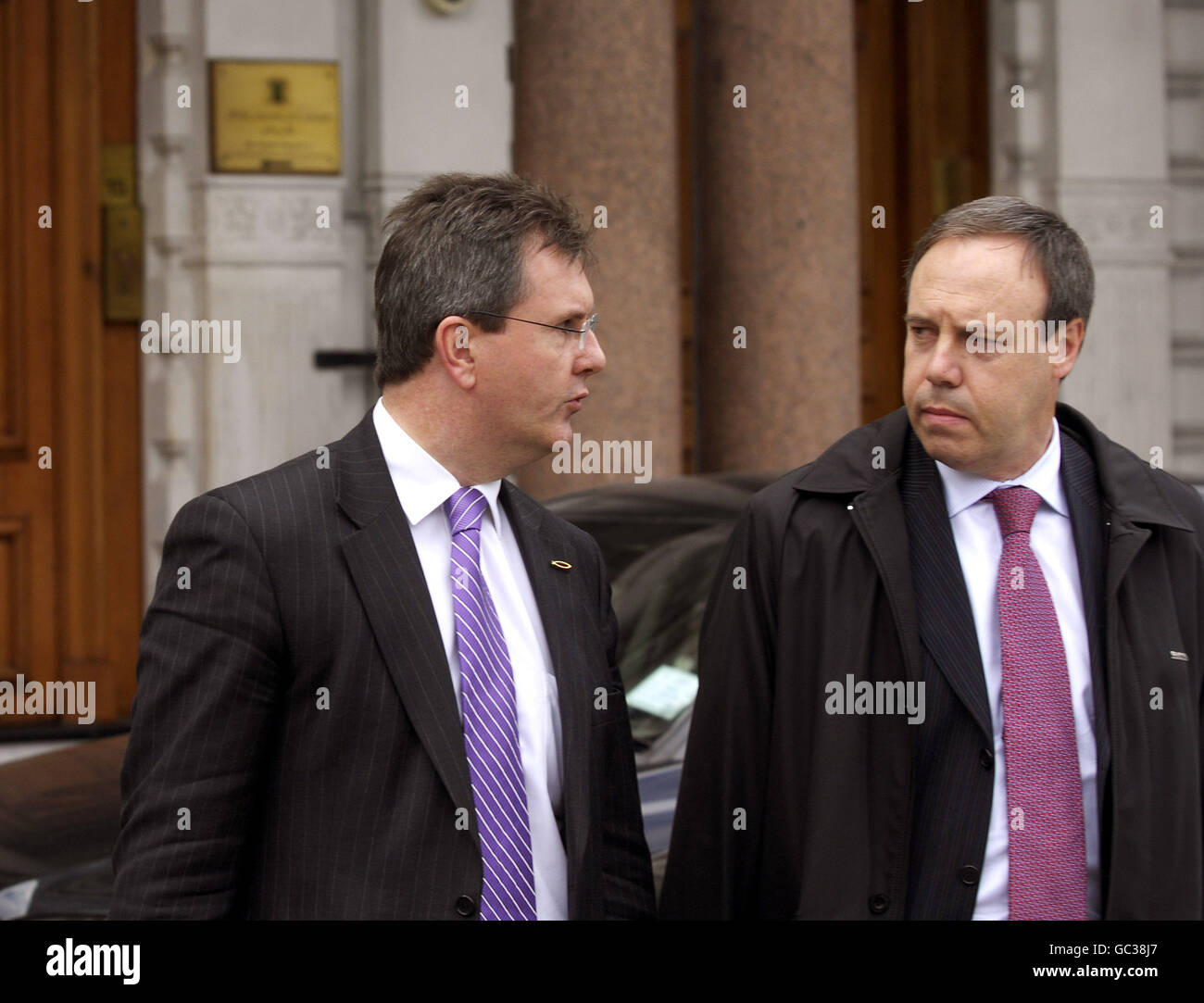 Jeffrey Donaldson MP (left) and Nigel Dodds MP leave the Libyan Embassy ...