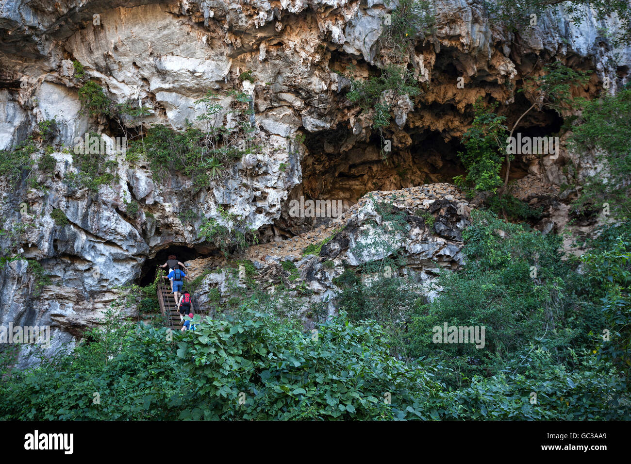 Tourists climbing into a cave in a karst cone called mogote, nearby ...