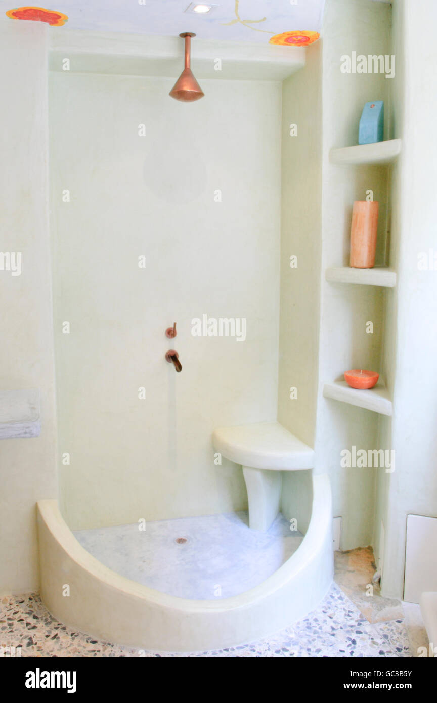 Interior, bathroom with traditional Moroccan plaster walls technique ...