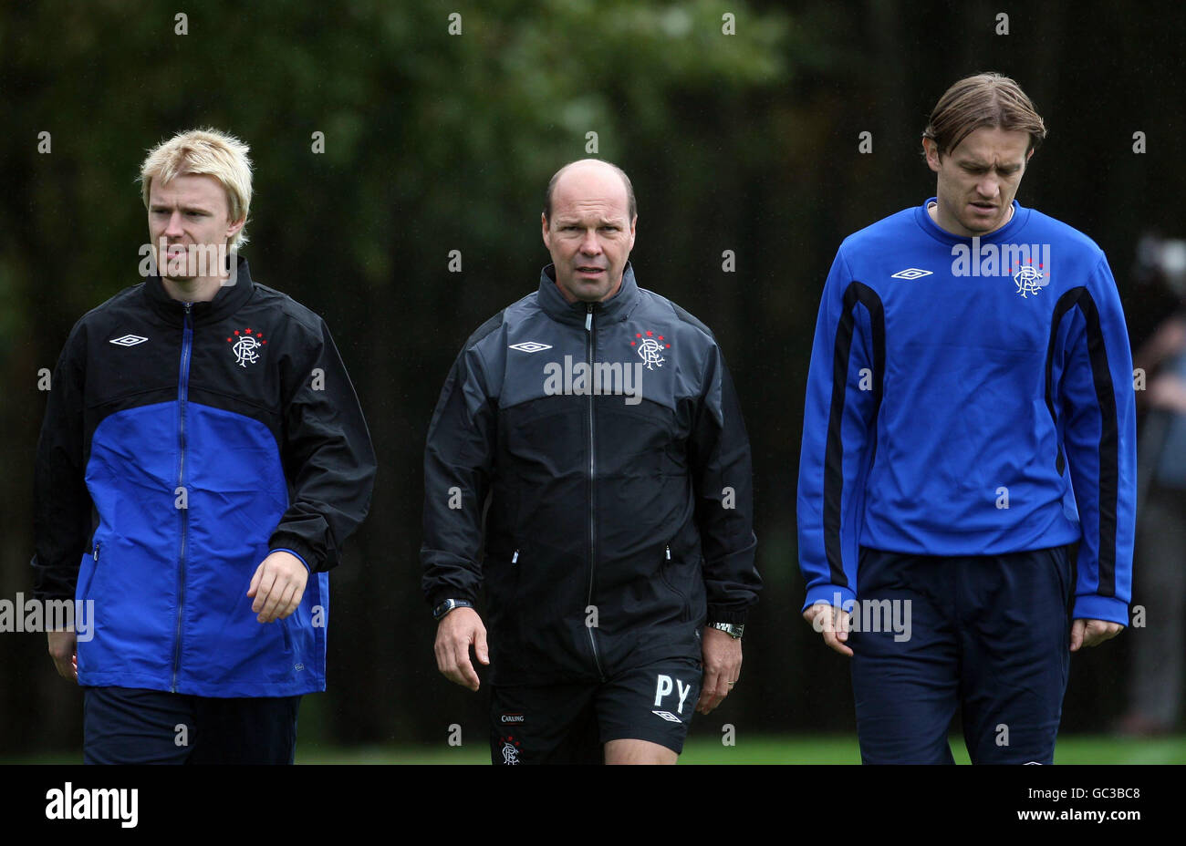 Rangers' Steven Smith (left) and Sasa Papac (right) train wih physio ...