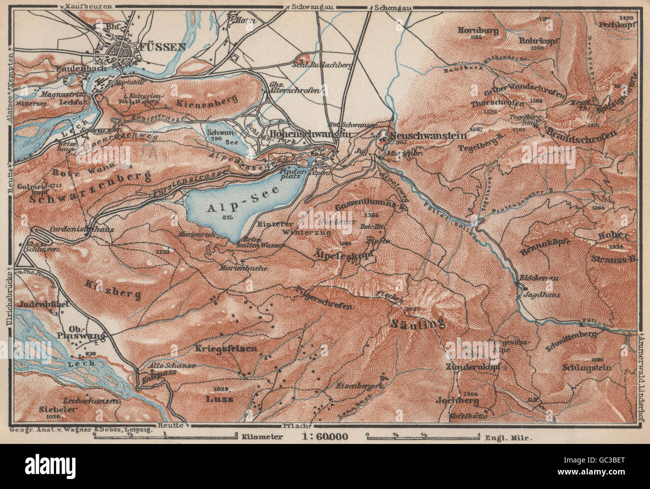 HOHENSCHWANGAU & FÜSSEN environs. Alpsee Deutschland Österreich karte ...