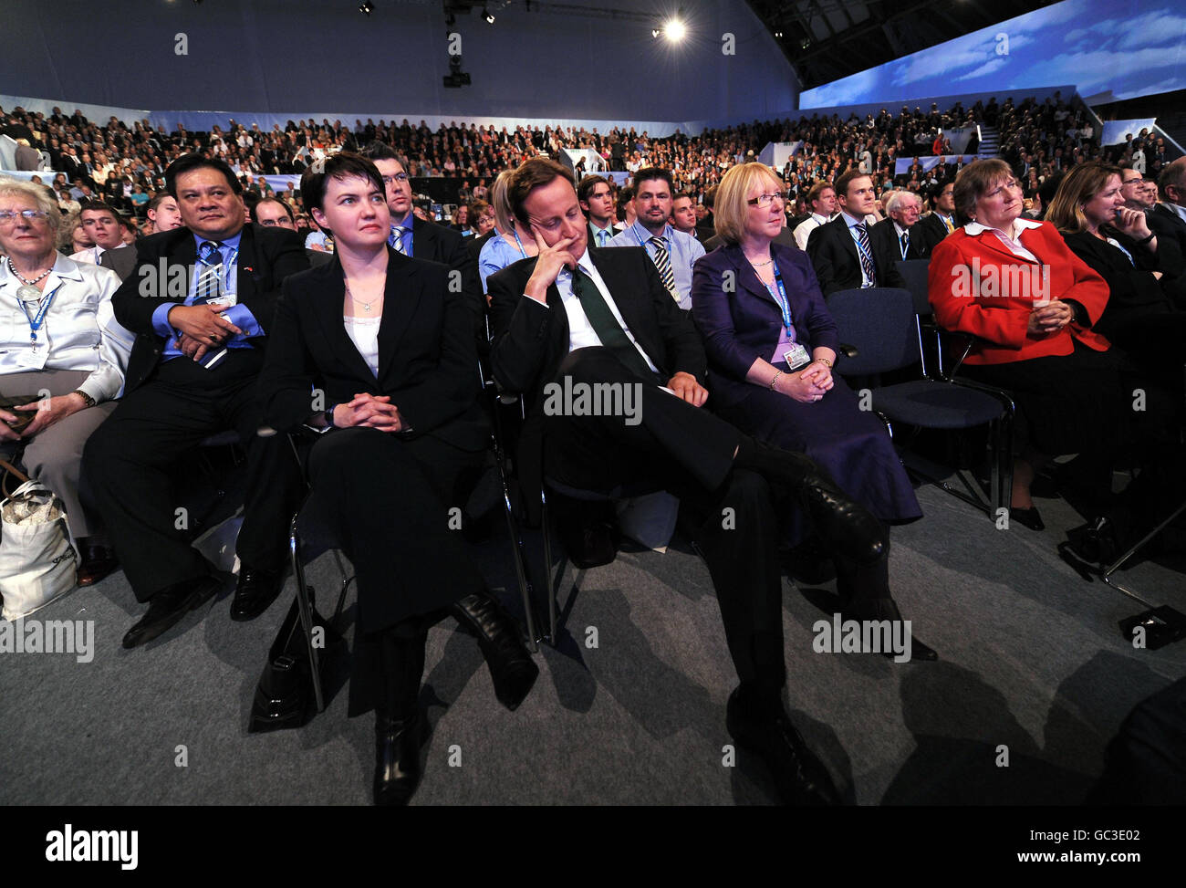 Conservative Party leader David Cameron (centre) sitting amongst ...