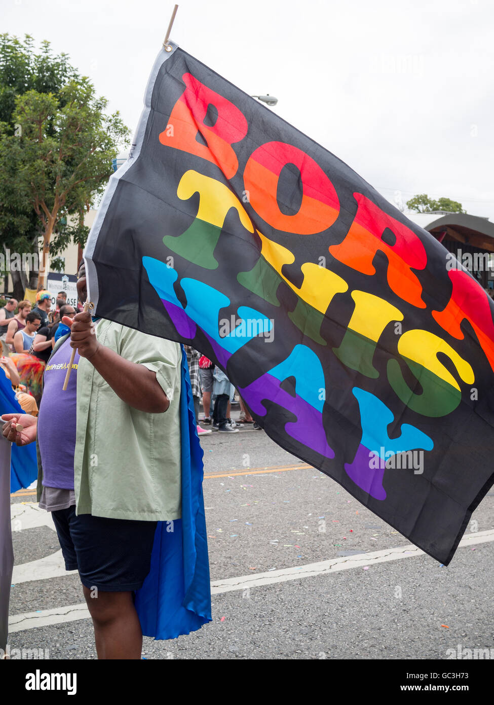 "Born this way" flag hold by a man in LA Pride Parade 2016 Stock Photo ...