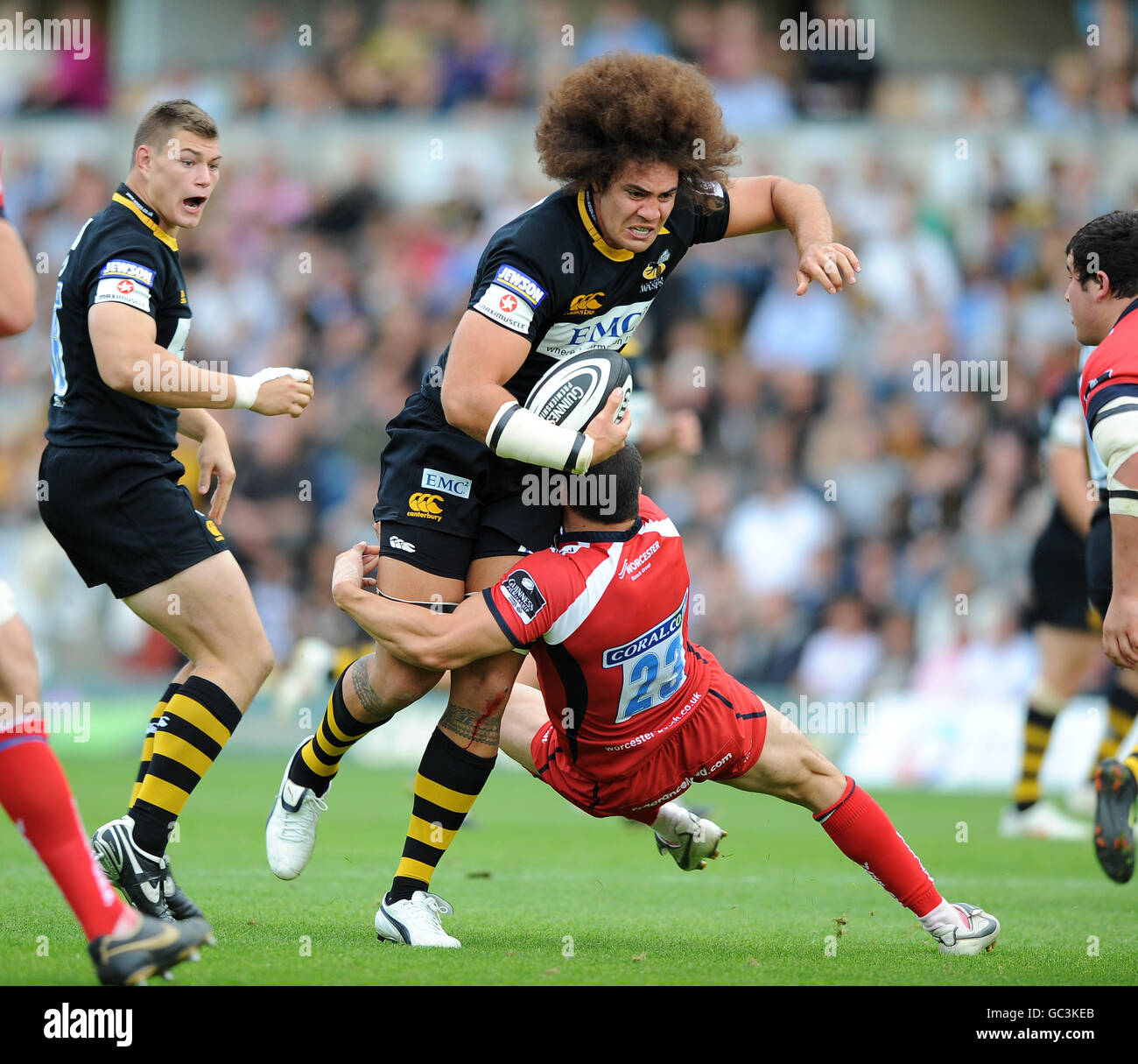 London wasps daniel leo tackled by worcester warriors rico gear hi-res ...