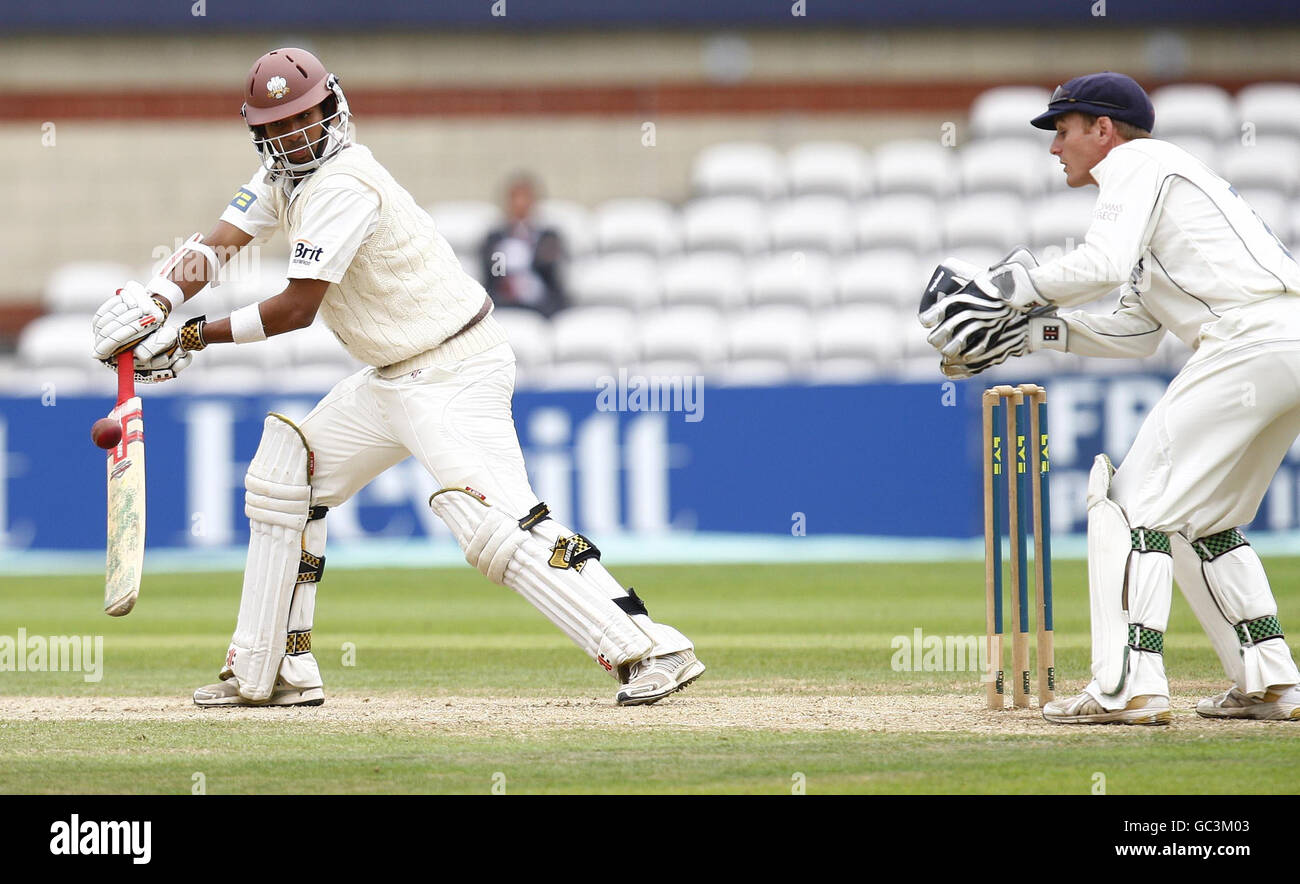 Surrey's Arun Harinath hits off Glamorgan bowler Robert Croft during ...