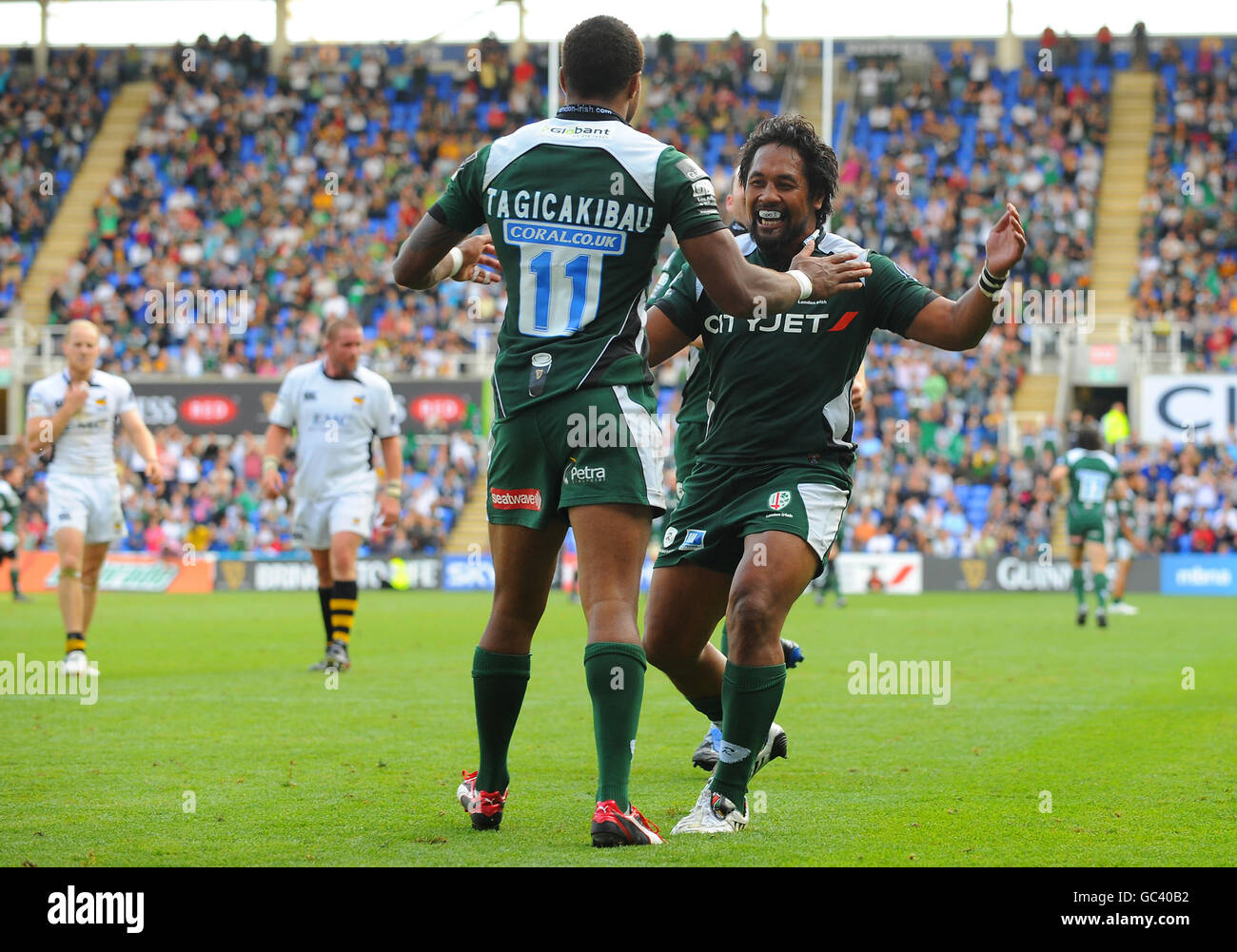 London Irish's Sailosi Tagicakibau celebrates after scoring with ...