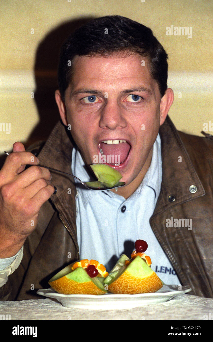 Paul Hodkinson tucks into some melon at a press conference before his ...