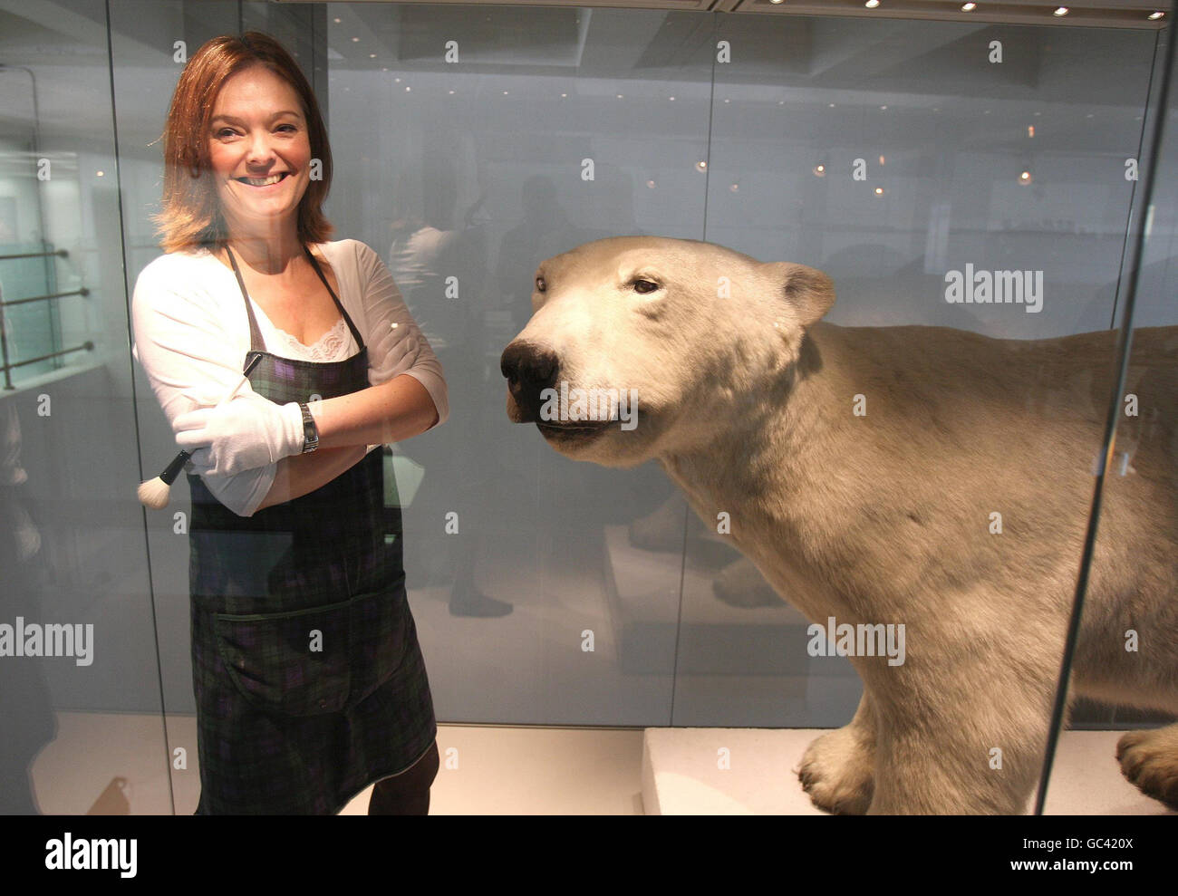 Jill Kerr, from the Ulster Museum, stands next to Peter the Polar bear ...
