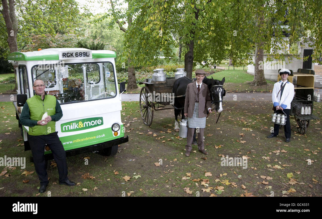 Milkman Guy Whittaker, left, is joined by two milkmen from the 'past ...