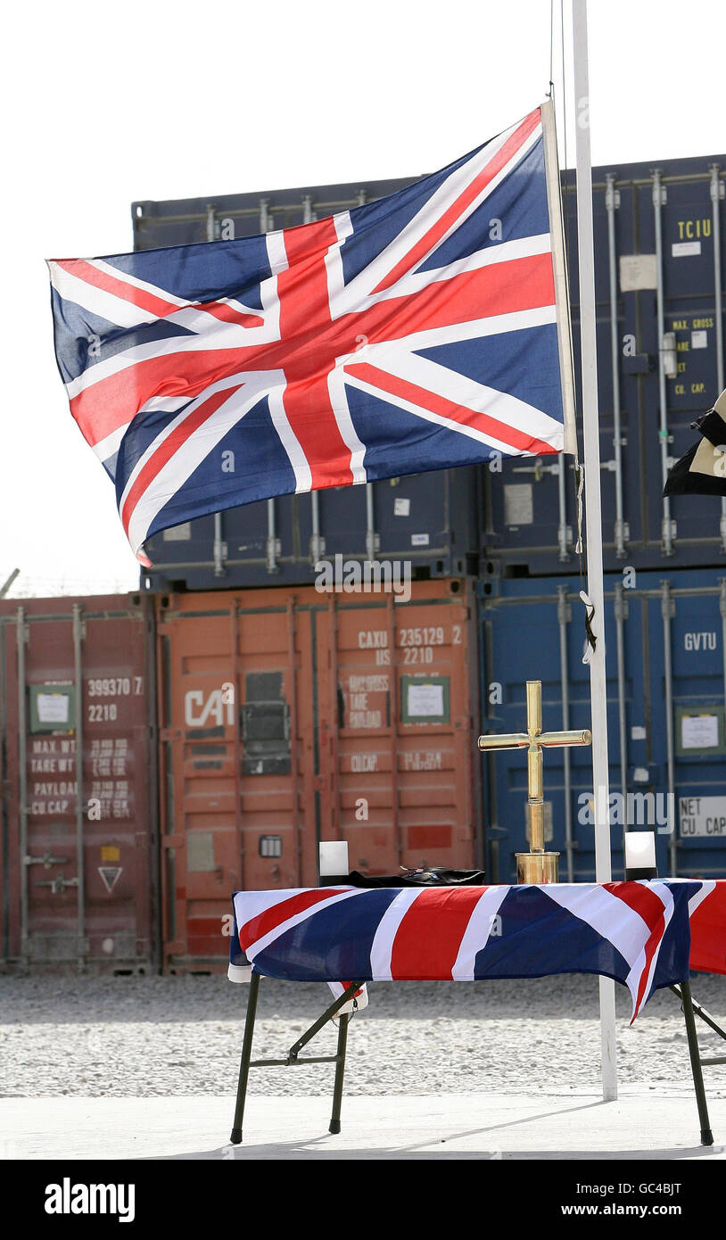 The makeshift Altar with a cross made from spent shells as soldiers ...