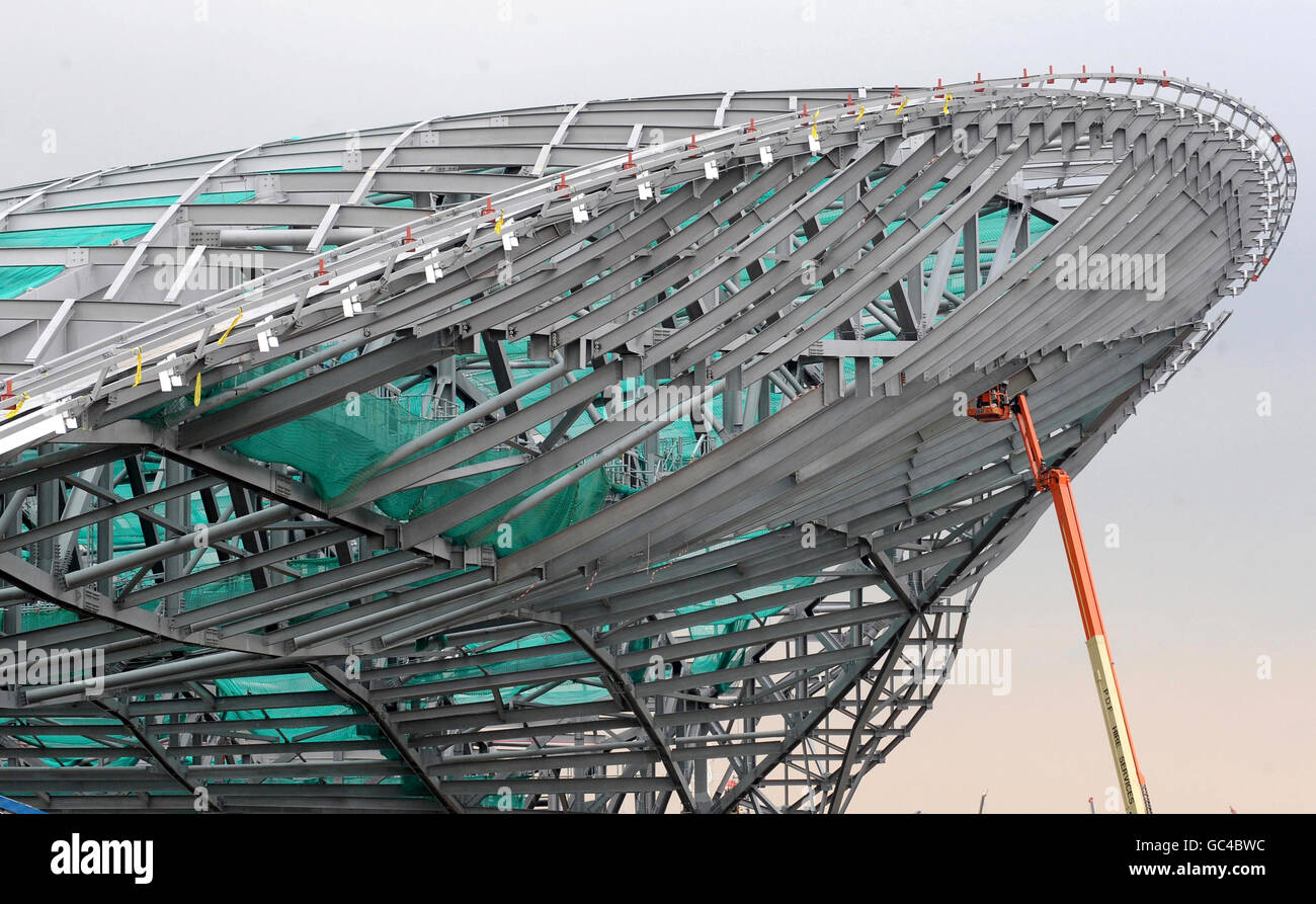 A view of the wave shaped roof over the London 2012 aquatics centre at ...