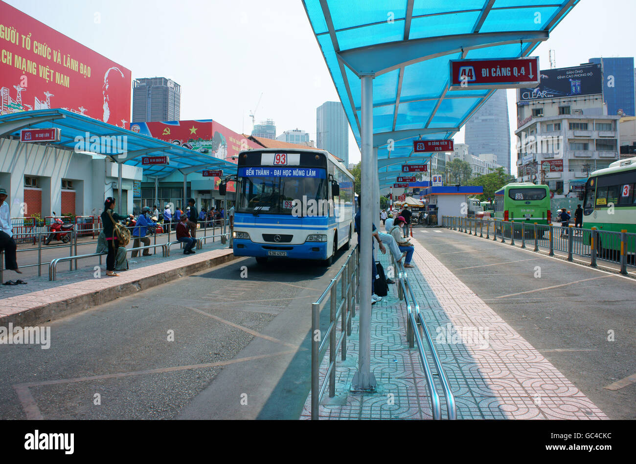 Passenger bus transport people in city, stop at Ben Thanh bus station ...