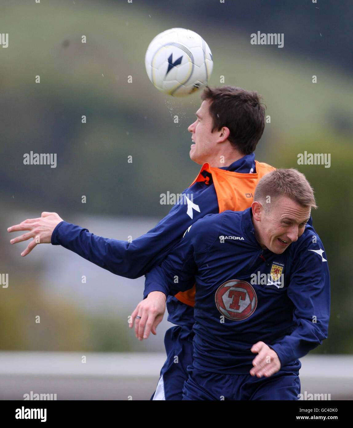 Scotland's Derek Riordan (right) and Gary Caldwell (left) during a ...