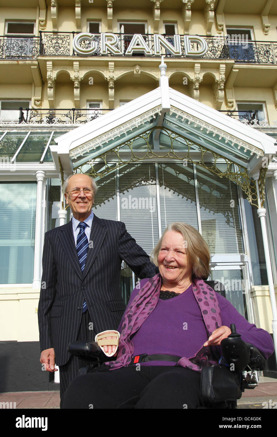 Lord Tebbit and his wife Margaret stand outside the Grand Hotel in ...