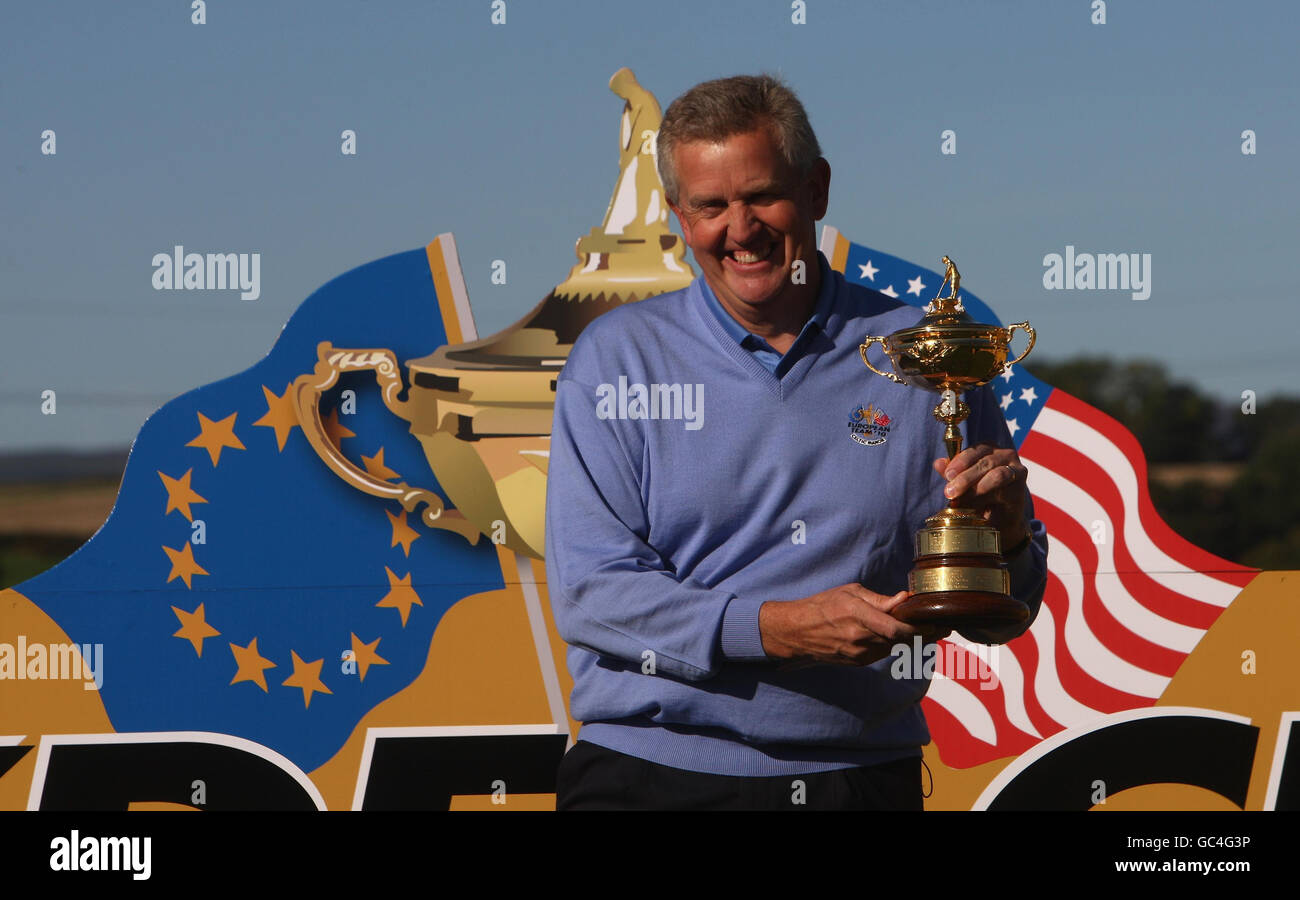 European Ryder Cup captain Colin Montgomerie poses with the Ryder Cup ...