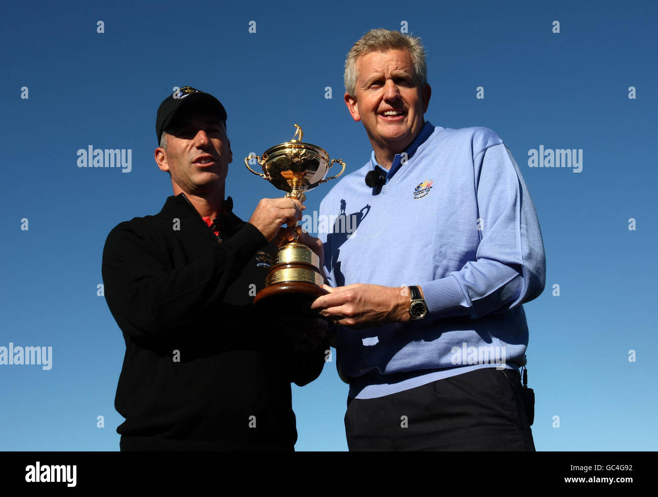 Europes ryder cup captain colin montgomerie poses with the trophy hi ...