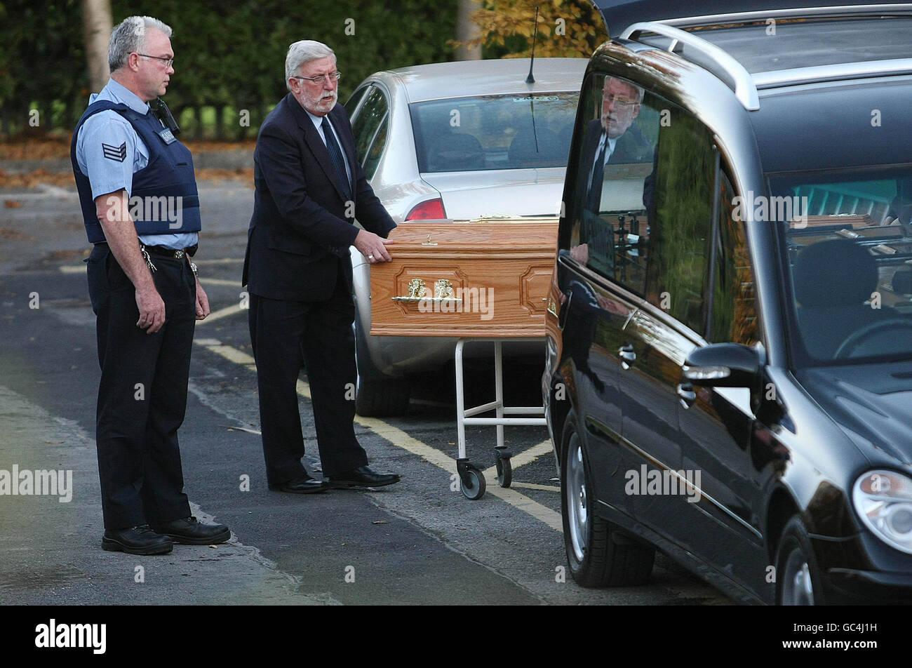 The coffin of Stephen Gatley is loaded onto a hearse before leaving ...