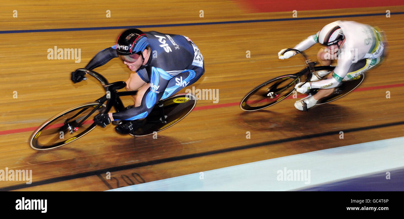 Team Sky's Sir Chris Hoy leads Australia's Shane Perkins in the Men's ...