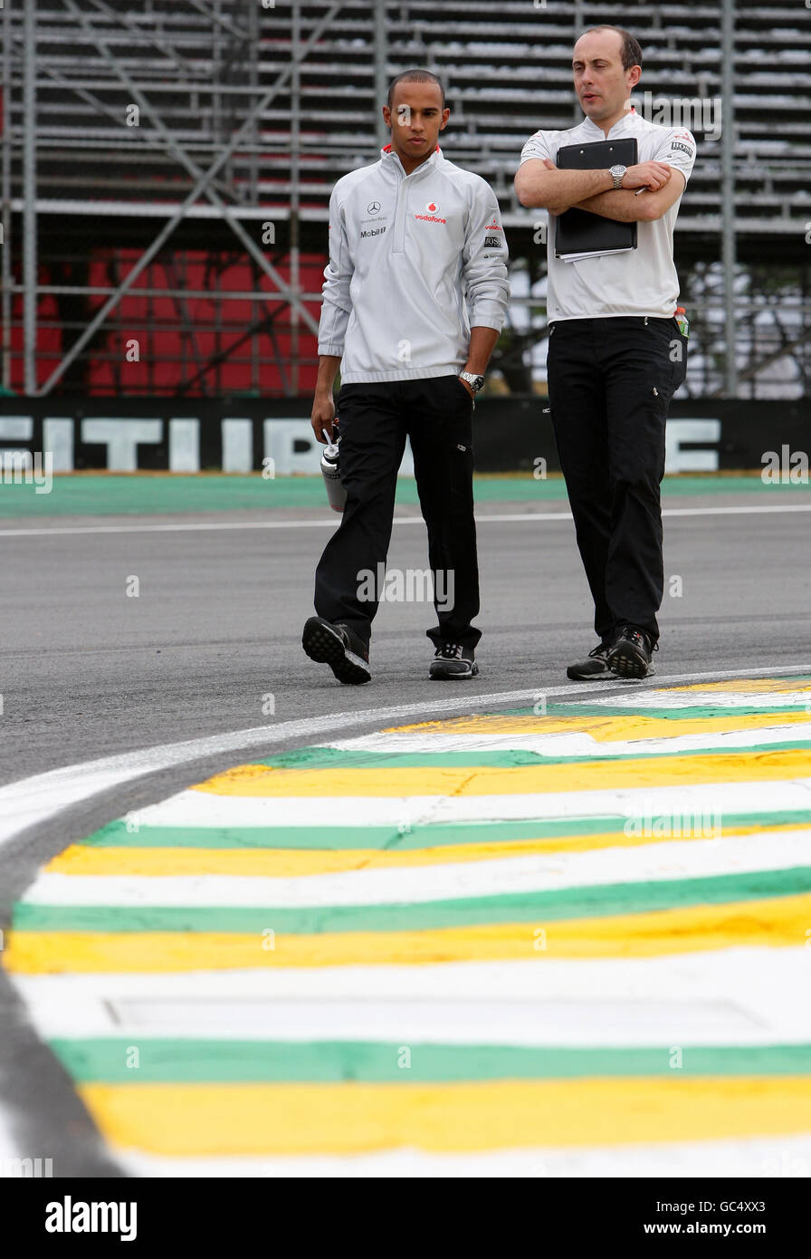 Lewis Hamilton takes a walk around the track with race engineer Phil ...