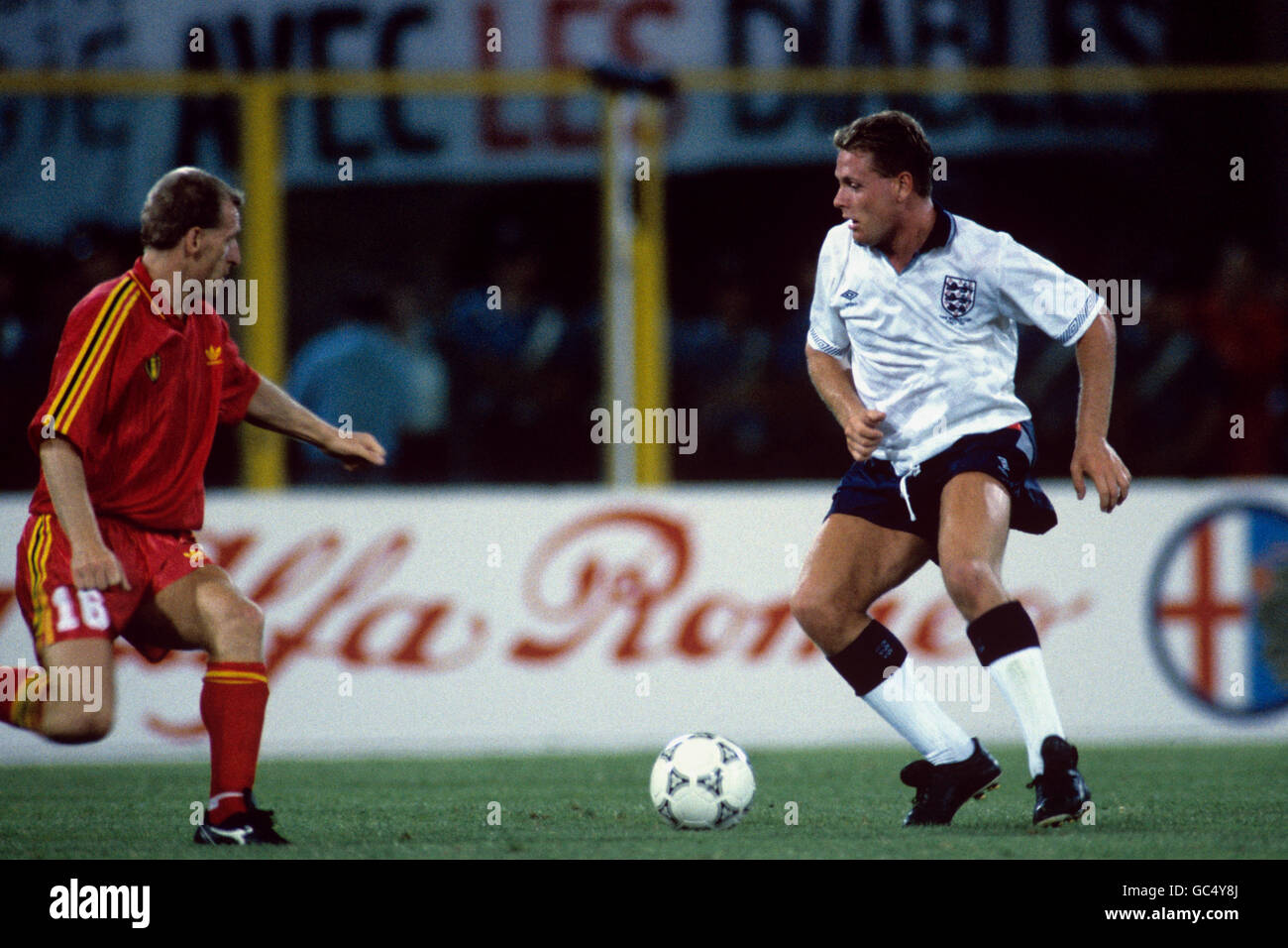 Paul Gascoigne, England (right) takes on Michel De Wolf, Belgium Stock ...
