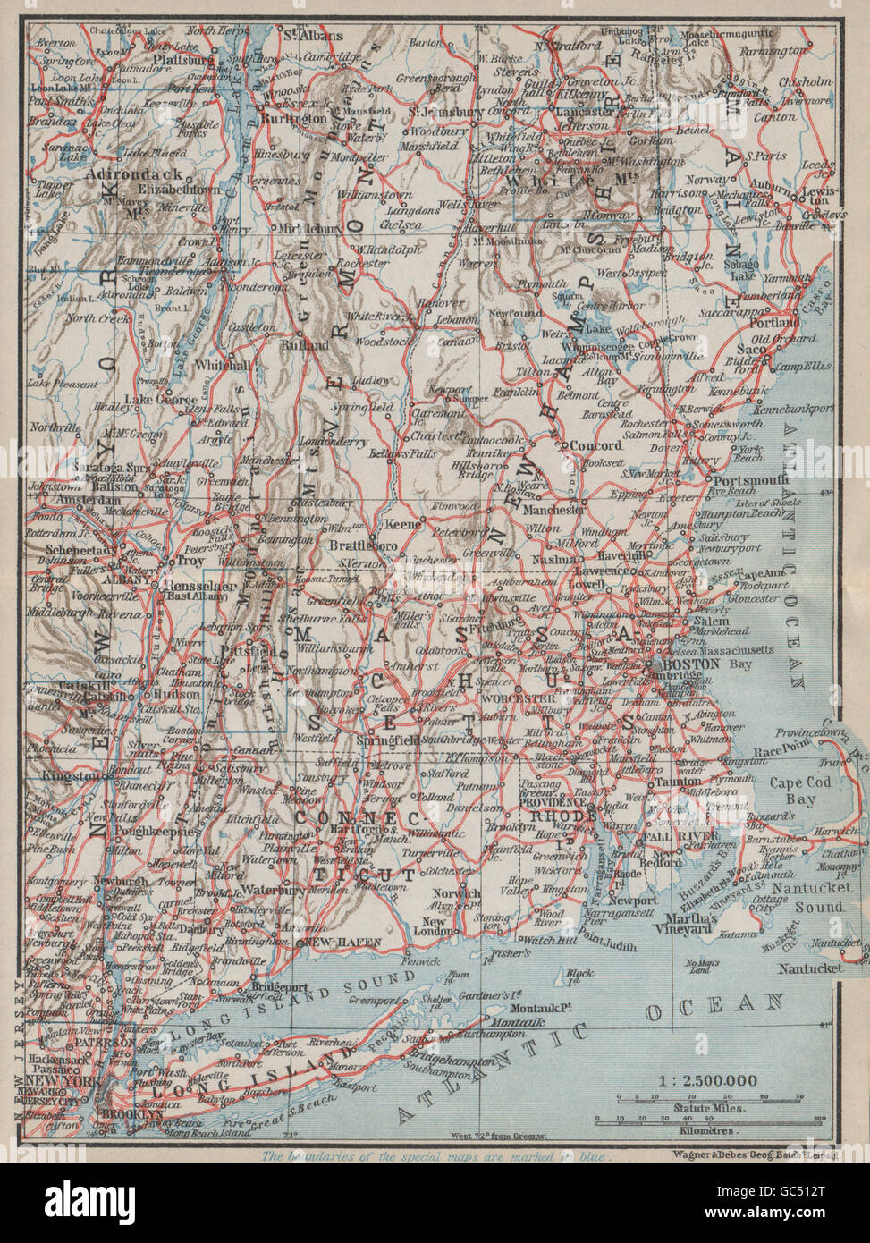 RAILWAY MAP OF THE NEW ENGLAND STATES. USA. BAEDEKER, 1909 Stock Photo ...