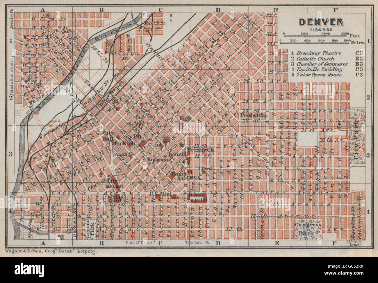 DENVER antique town city plan. Colorado. BAEDEKER, 1909 antique map ...