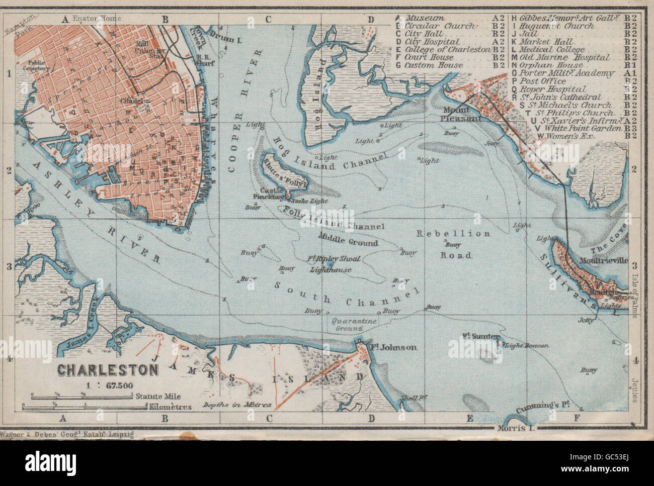 CHARLESTON antique town city & harbor plan. South Carolina. BAEDEKER ...