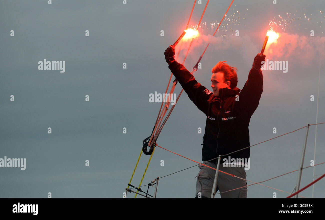 Mike Perham, 17, celebrates arriving at the finish, off the Lizard in ...