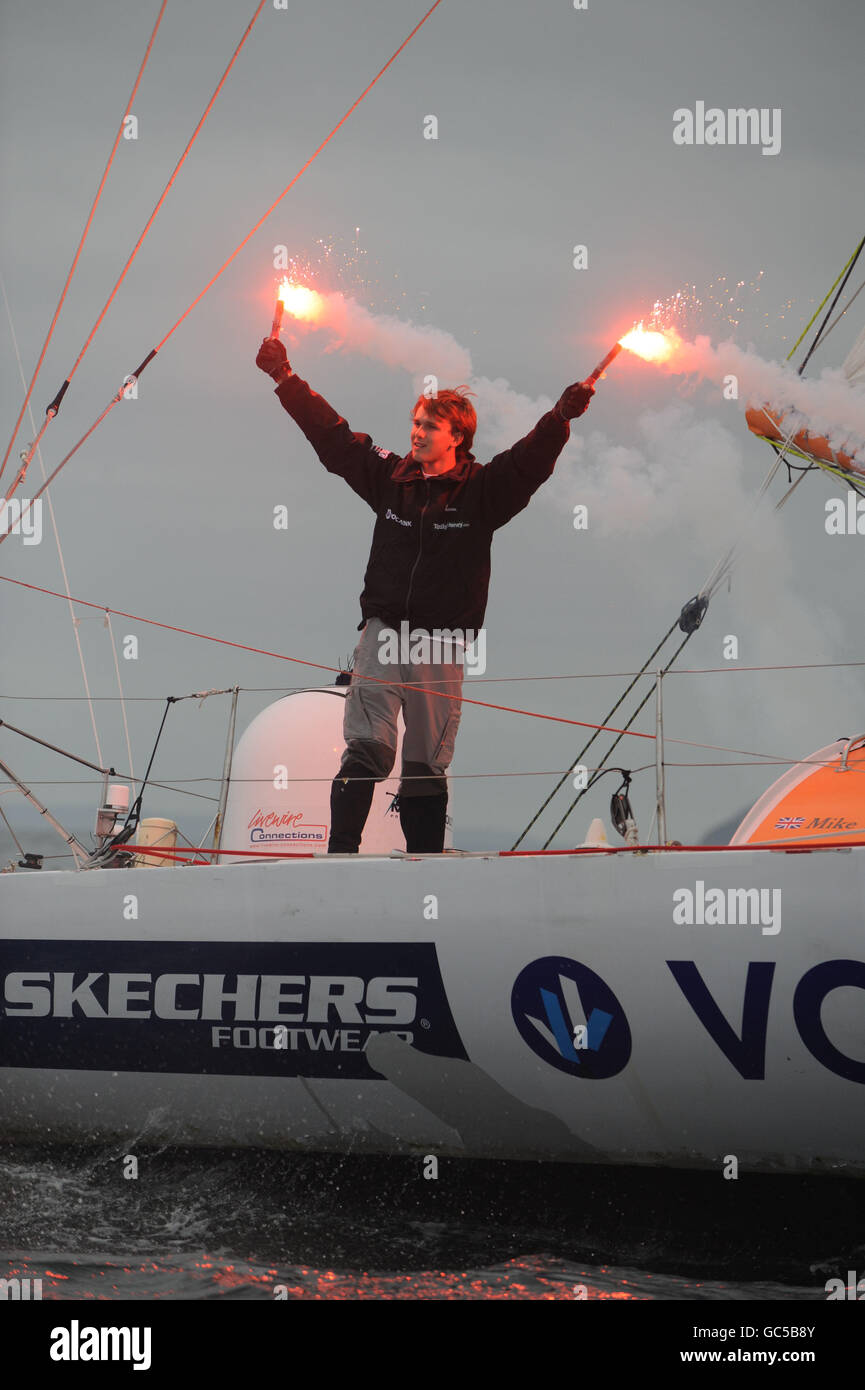 Mike Perham, 17, celebrates arriving at the finish, off the Lizard in ...