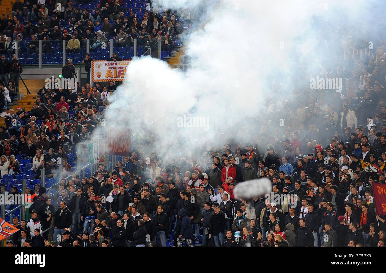 AS Roma fans celebrate in the stands after John Arne Riise scores their ...