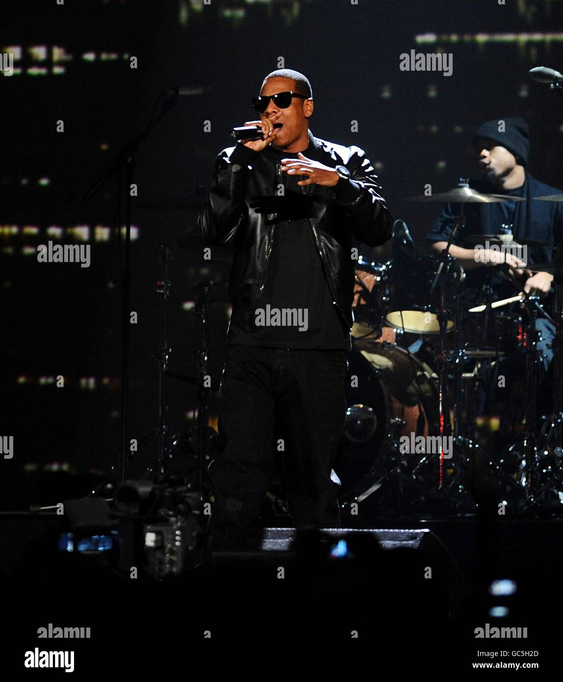 Jay-Z on stage at the 2009 MTV Europe Music Awards at O2 World in ...
