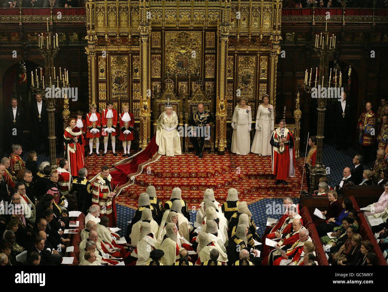Queen Elizabeth II gives her speech to the House of Lords chamber ...