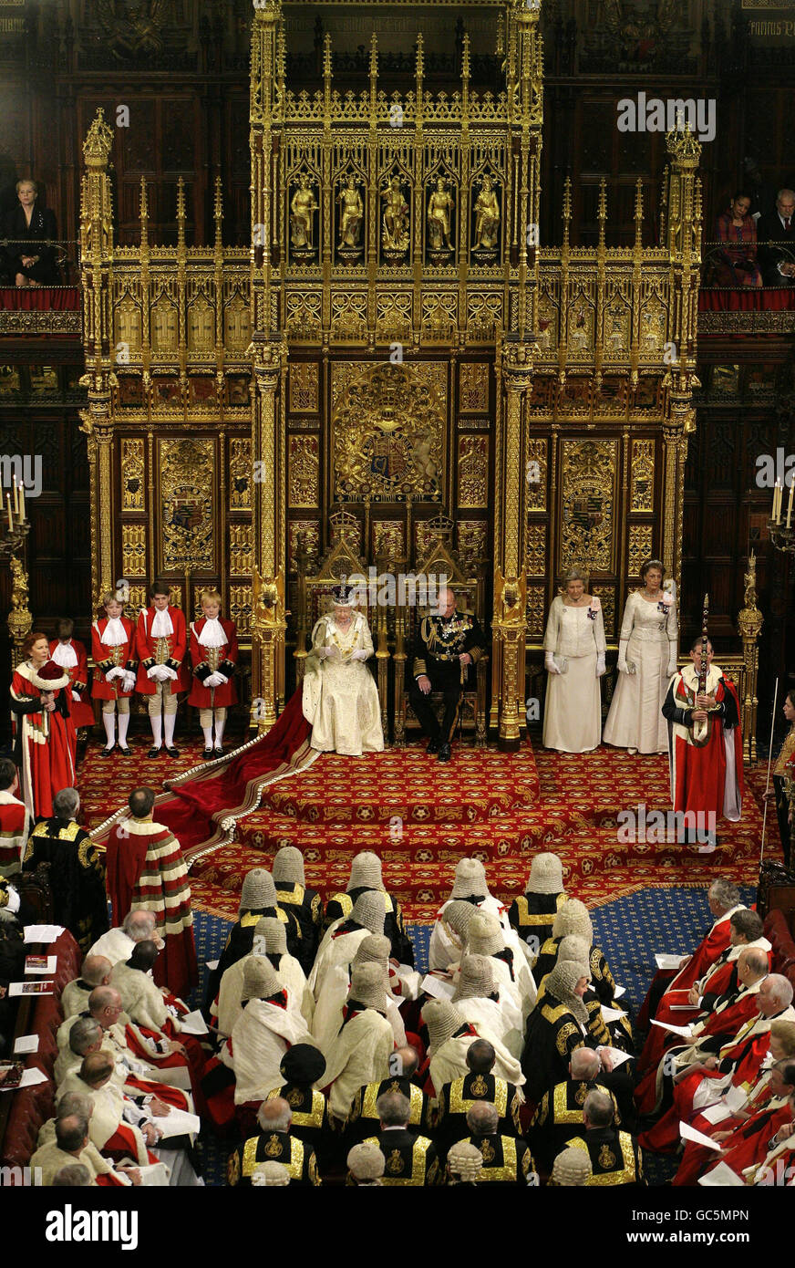 Queen Elizabeth II gives her speech to the House of Lords chamber ...