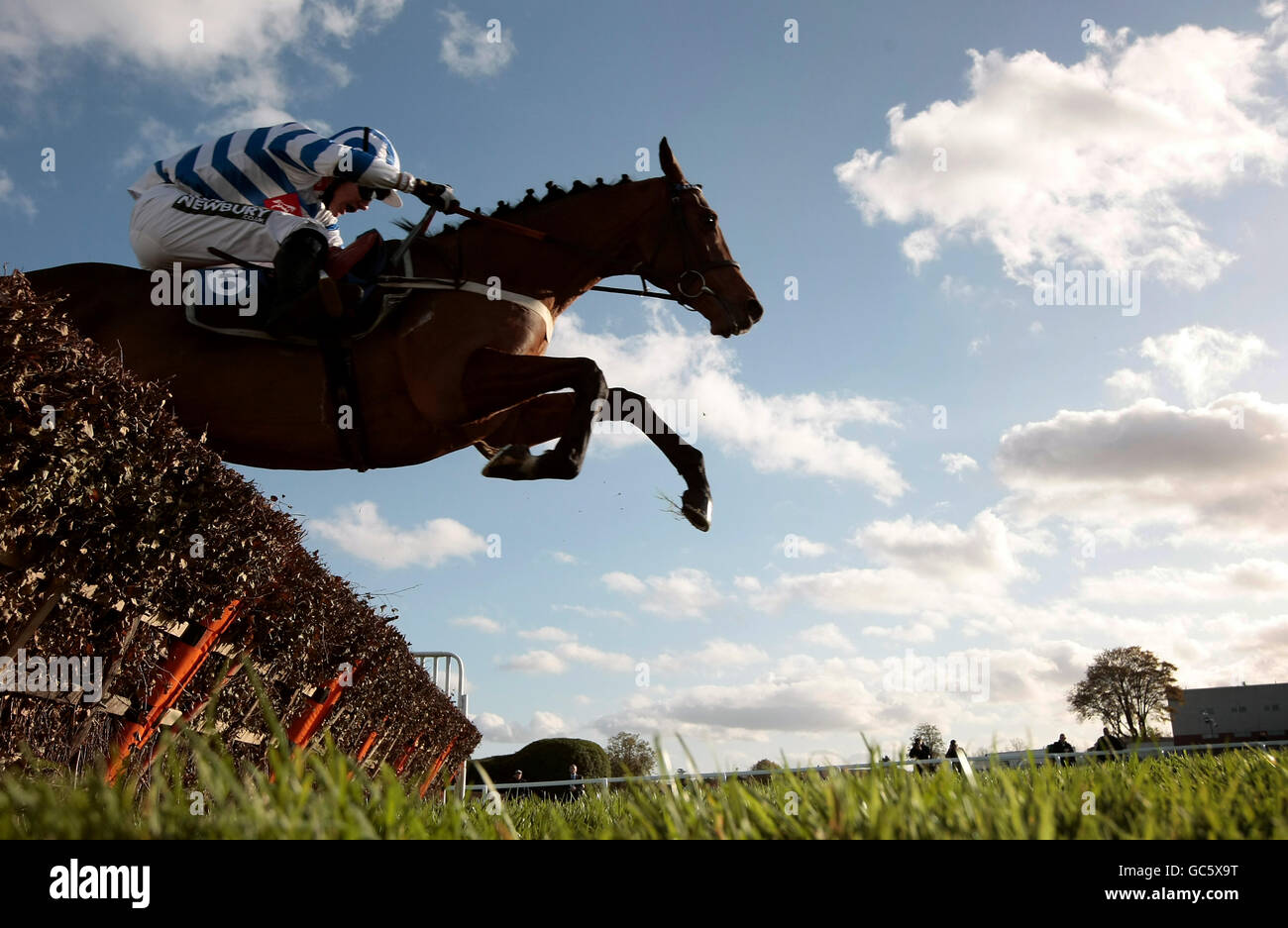 Jockey Felix De Giles on Zarinski jumps the last in the Blue Square ...