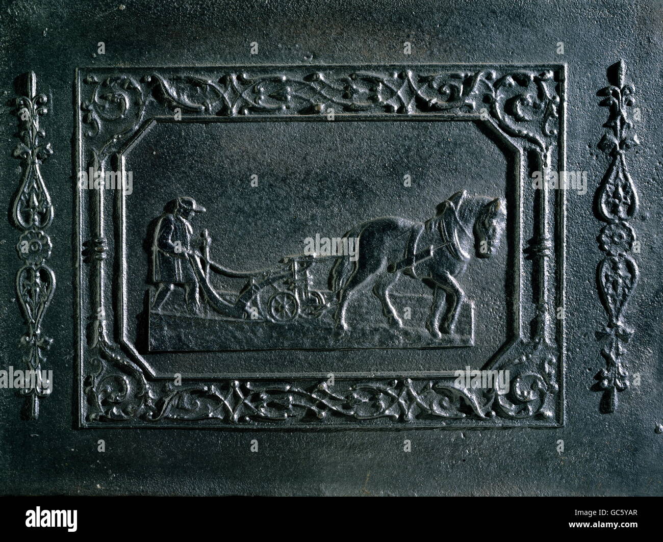 agriculture, farming, ploughing, farmer with plough, relief, cast iron ...