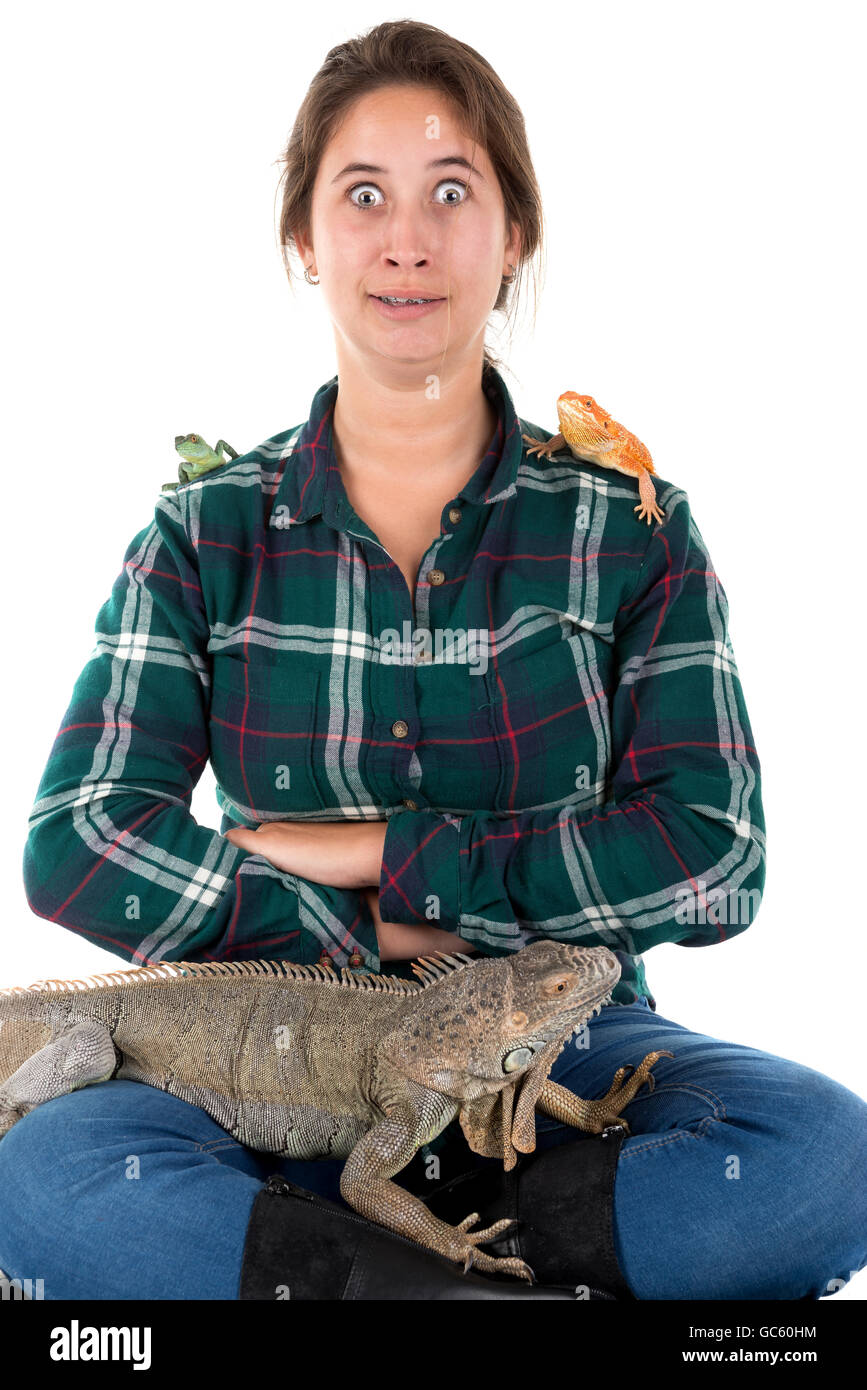 Girl with several pet animals isolated in white Stock Photo - Alamy
