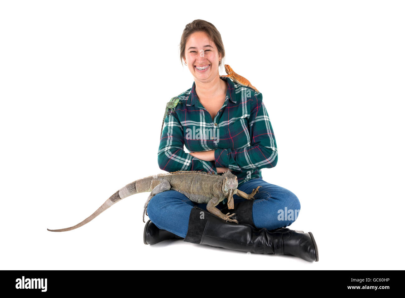 Girl with several pet animals isolated in white Stock Photo - Alamy