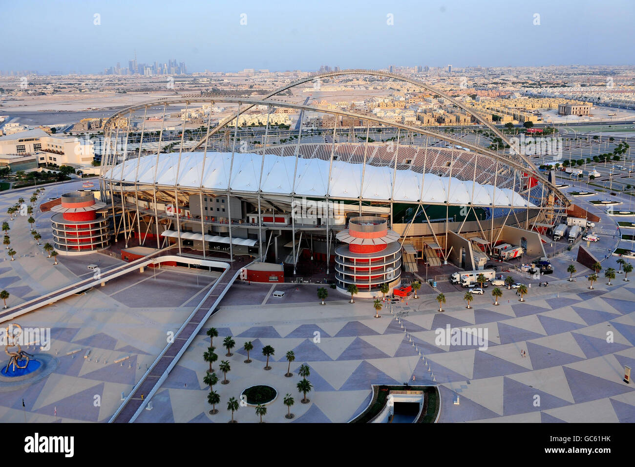 General View of the Khalifa Stadium with the backdrop of doha behind ...