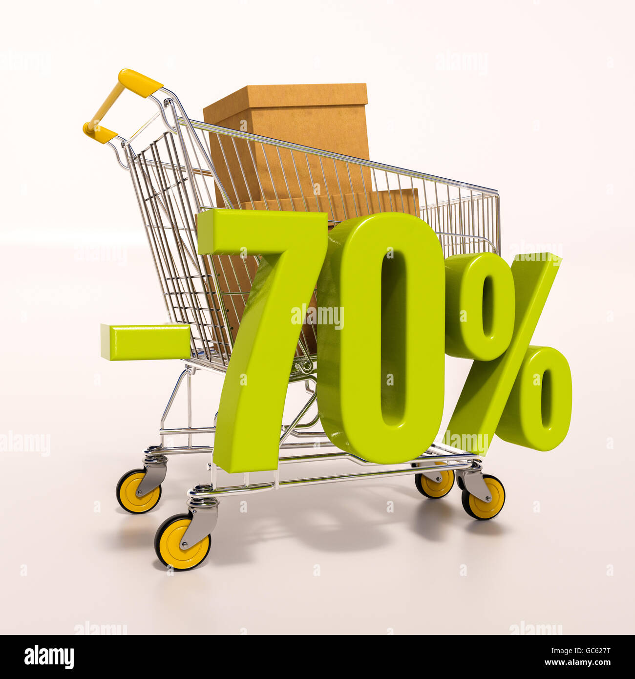 3d render: shopping cart and green 70 percentage discount sign on white ...