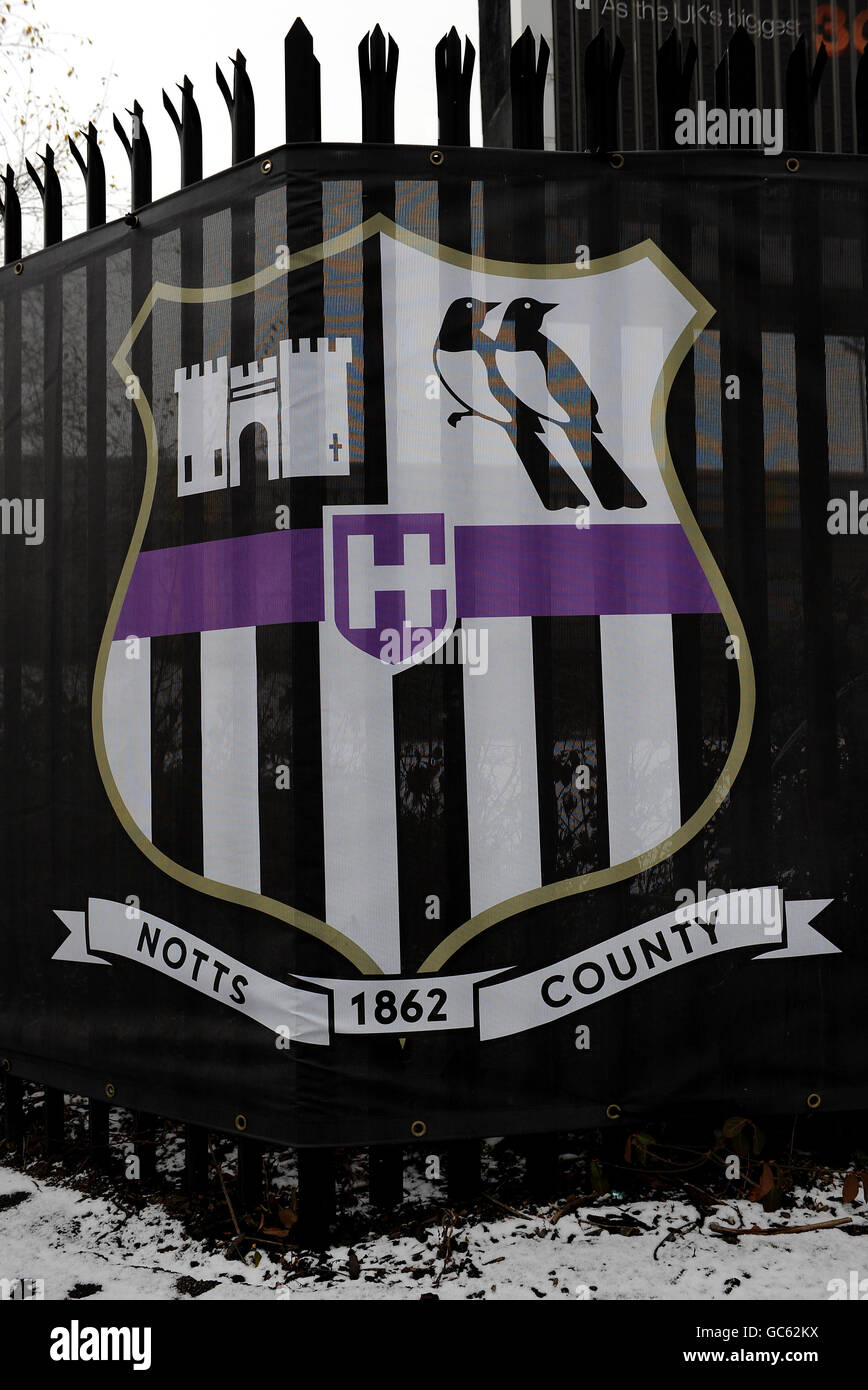 A general view of a banner with the Notts County Club Badge on outside ...
