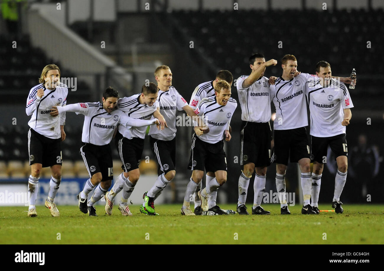 Derby County team celebrate after Dean Moxey (not pictured) scores in ...